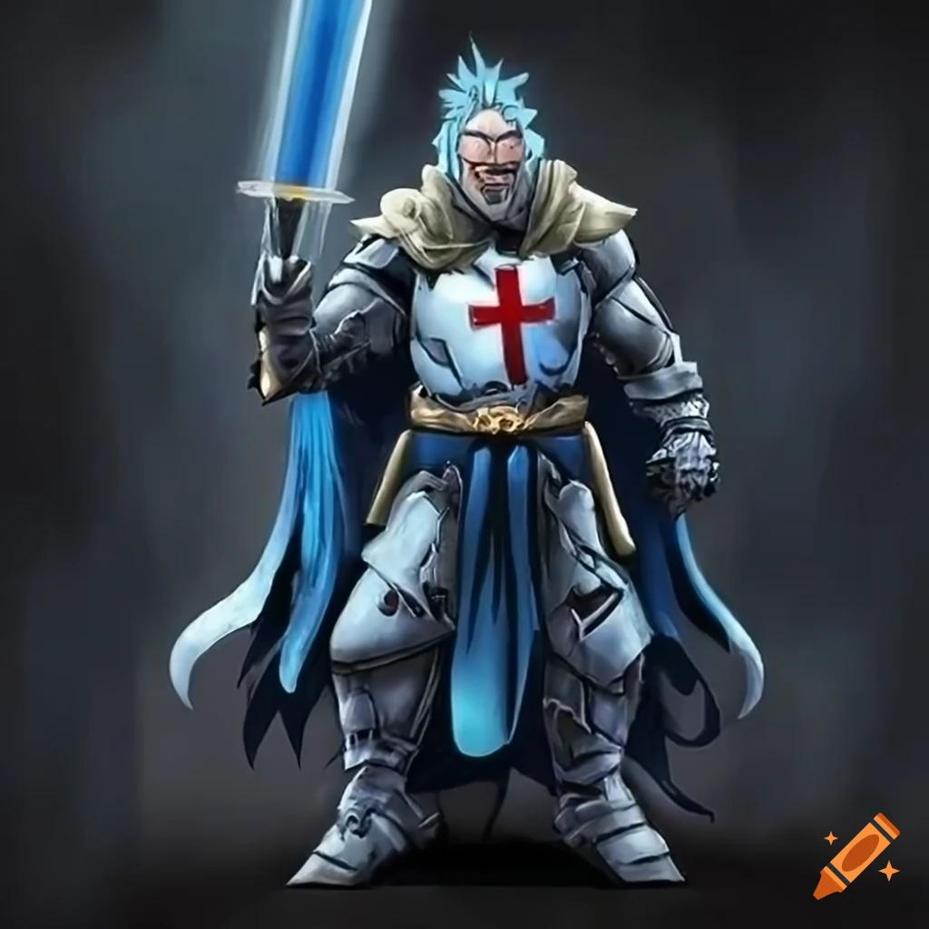 Fusion of Batman and Akuma in blue and white templar armor with a sword ...
