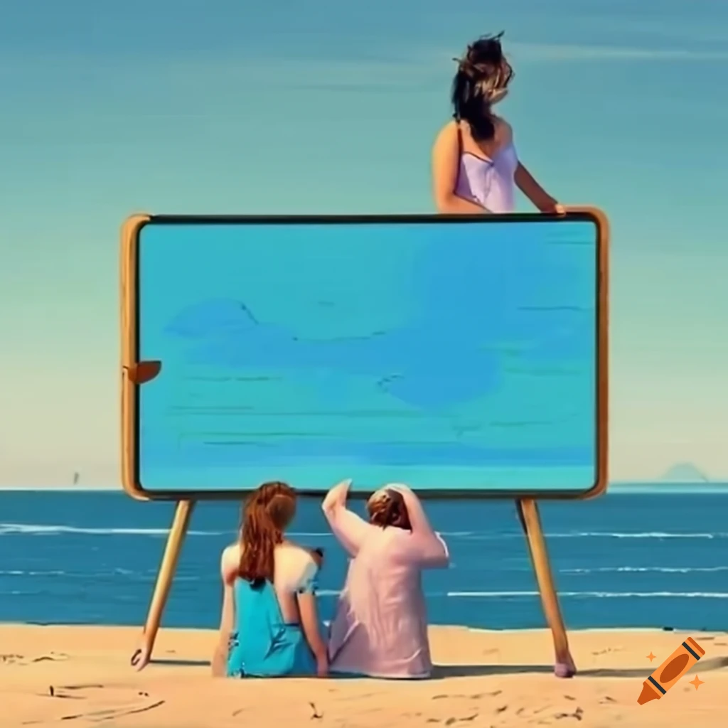 Creative teacher instructing students on a beach with interactive tools ...