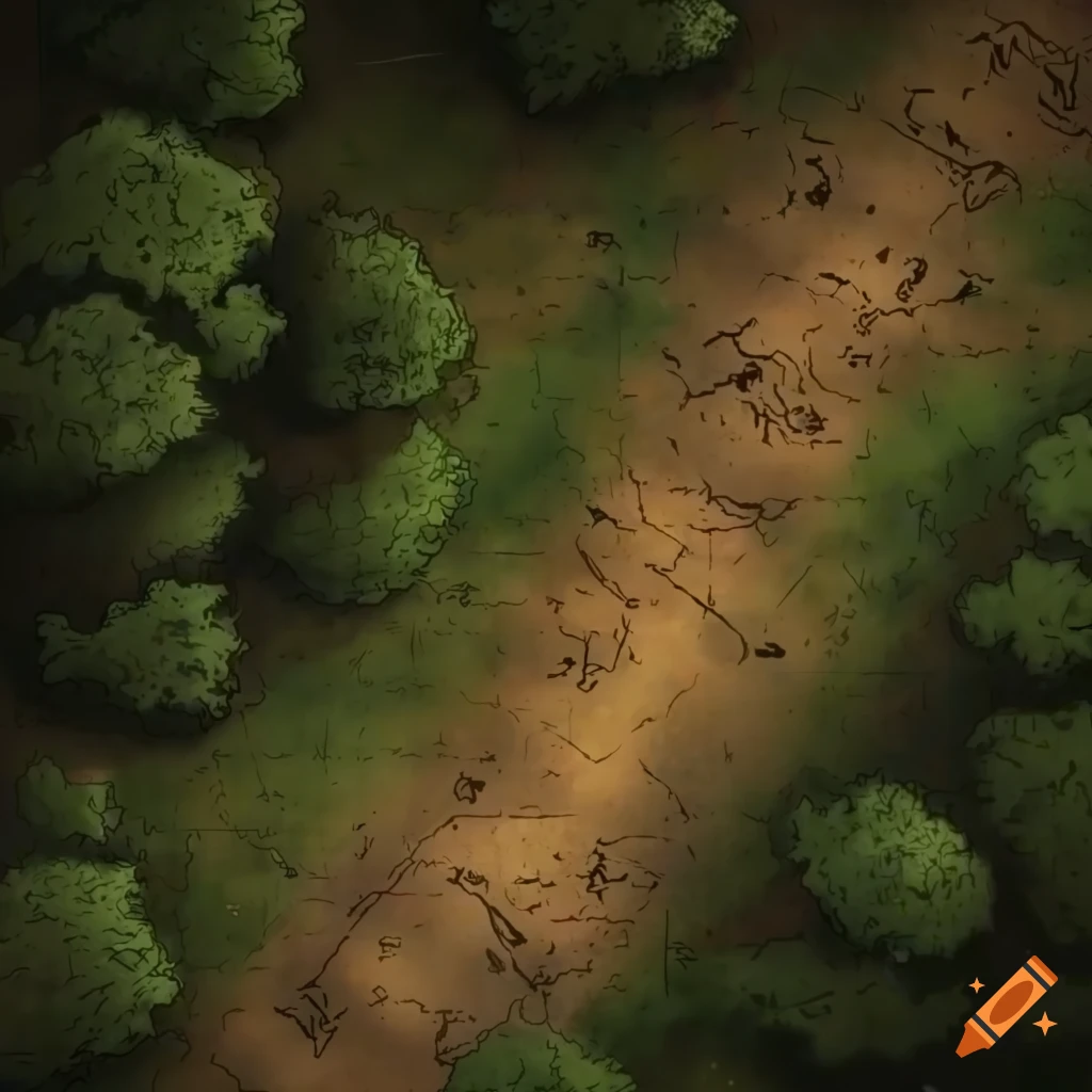 Top-down D&D battle map of a dirt road through a forest with grid and scale on Craiyon