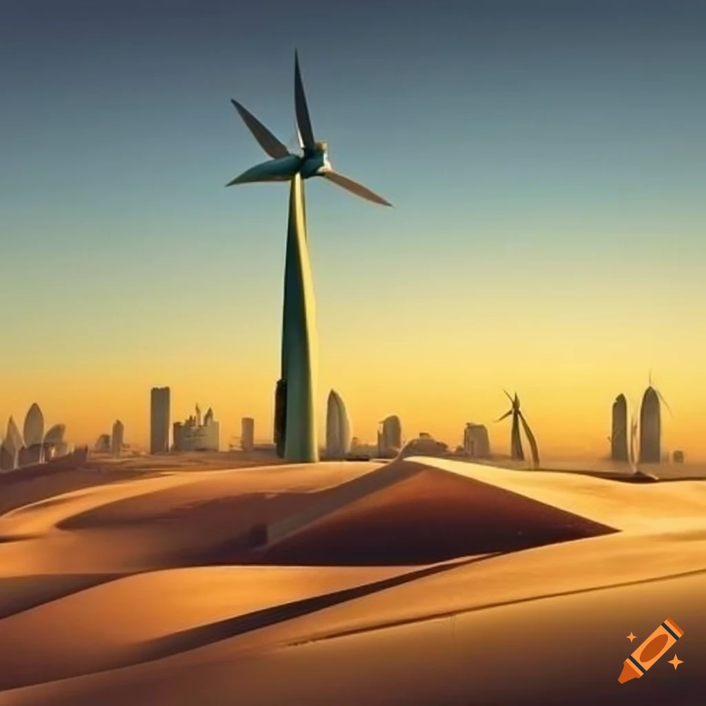 Sustainable oasis in the desert with solar panels and wind turbines in ...