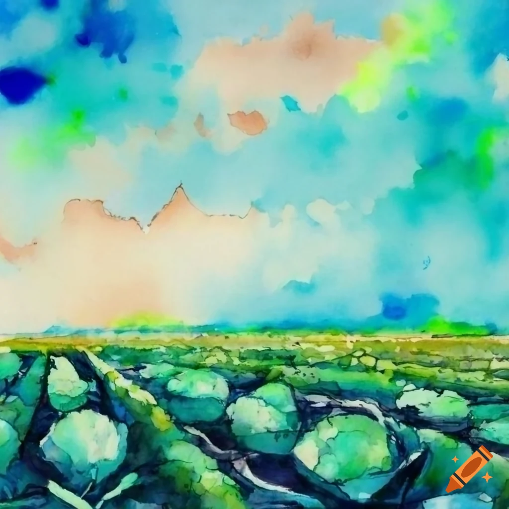 Cabbage field under a cyan sky in a watercolor painting on Craiyon