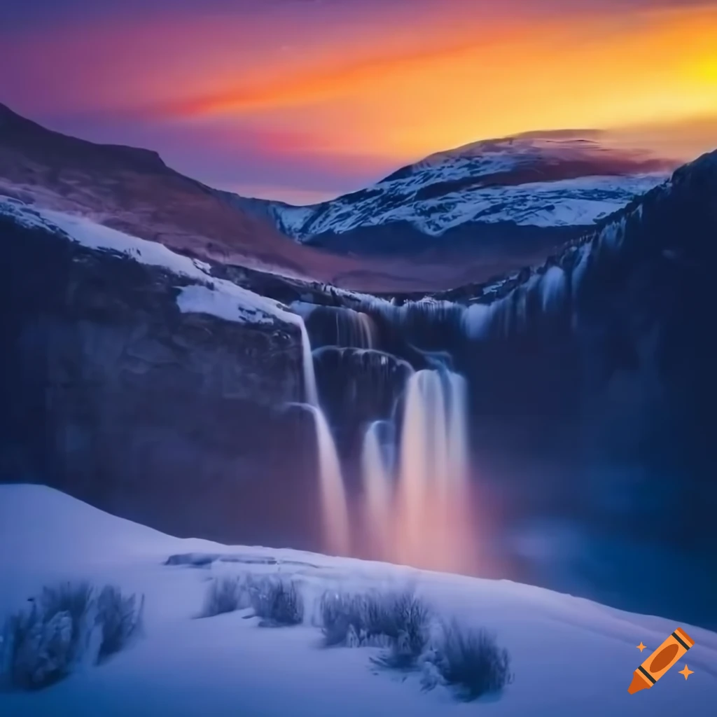 Winter valley with a sunset waterfall scene on Craiyon