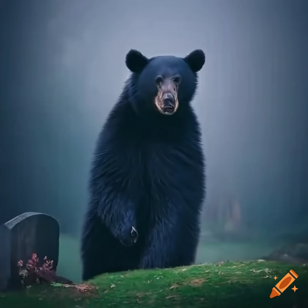 Black bear climbing gravestone in foggy cemetery on Craiyon