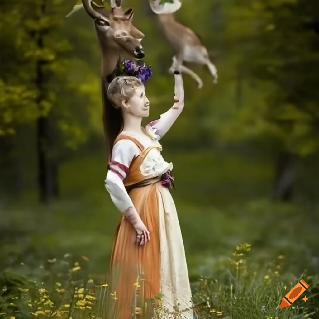 Maiden surrounded by flowers, birds, and deer on Craiyon