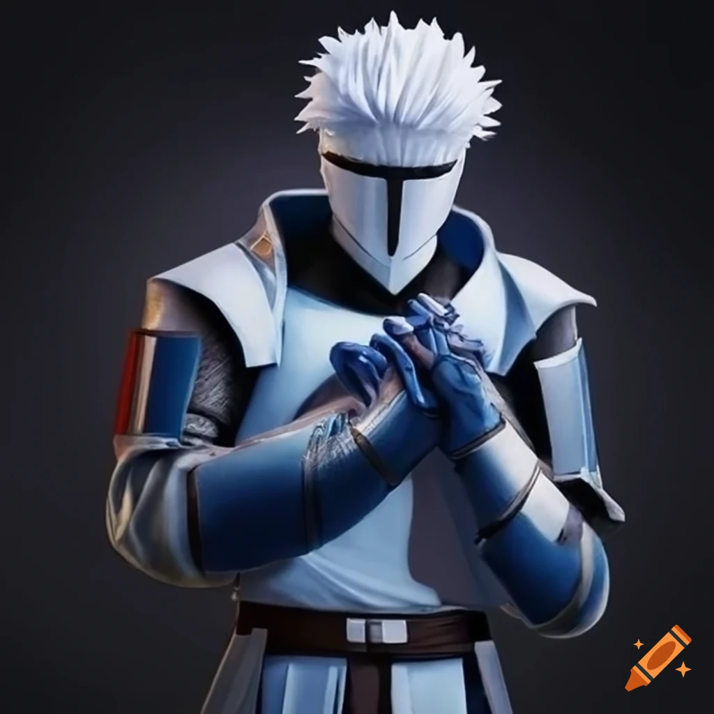 Fusion of obi wan kenobi and satoru gojo in blue white templar armor ...
