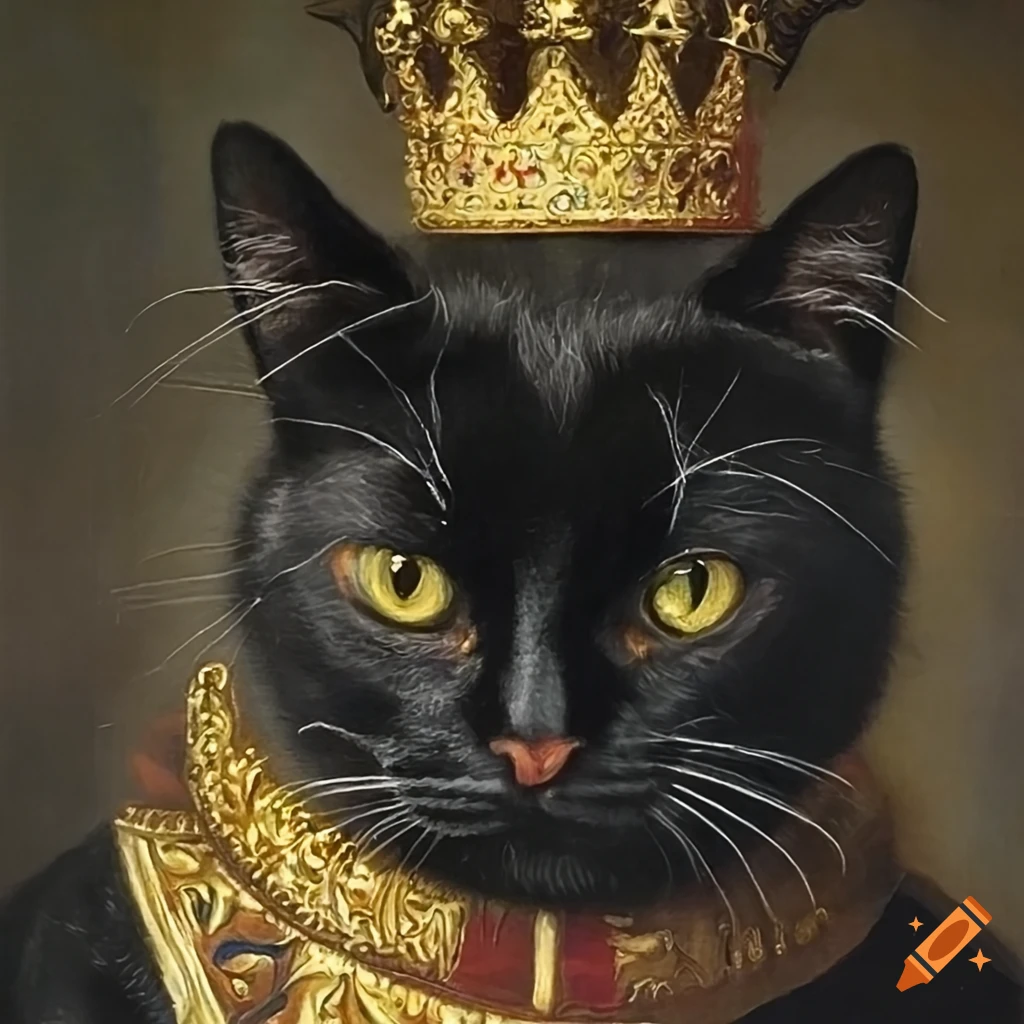 Classical oil portrait of a black cat in royal attire on Craiyon