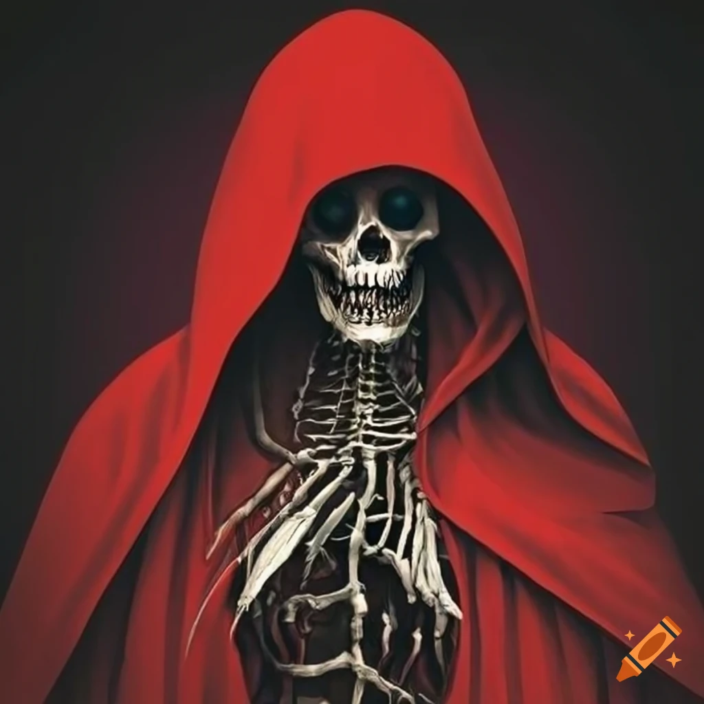 Dark skeleton with a red cloak in ominous poster on Craiyon