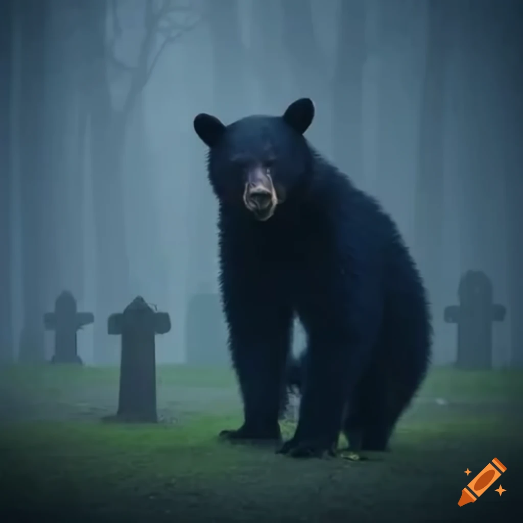 Black bear climbing on a gravestone in a foggy cemetery on Craiyon