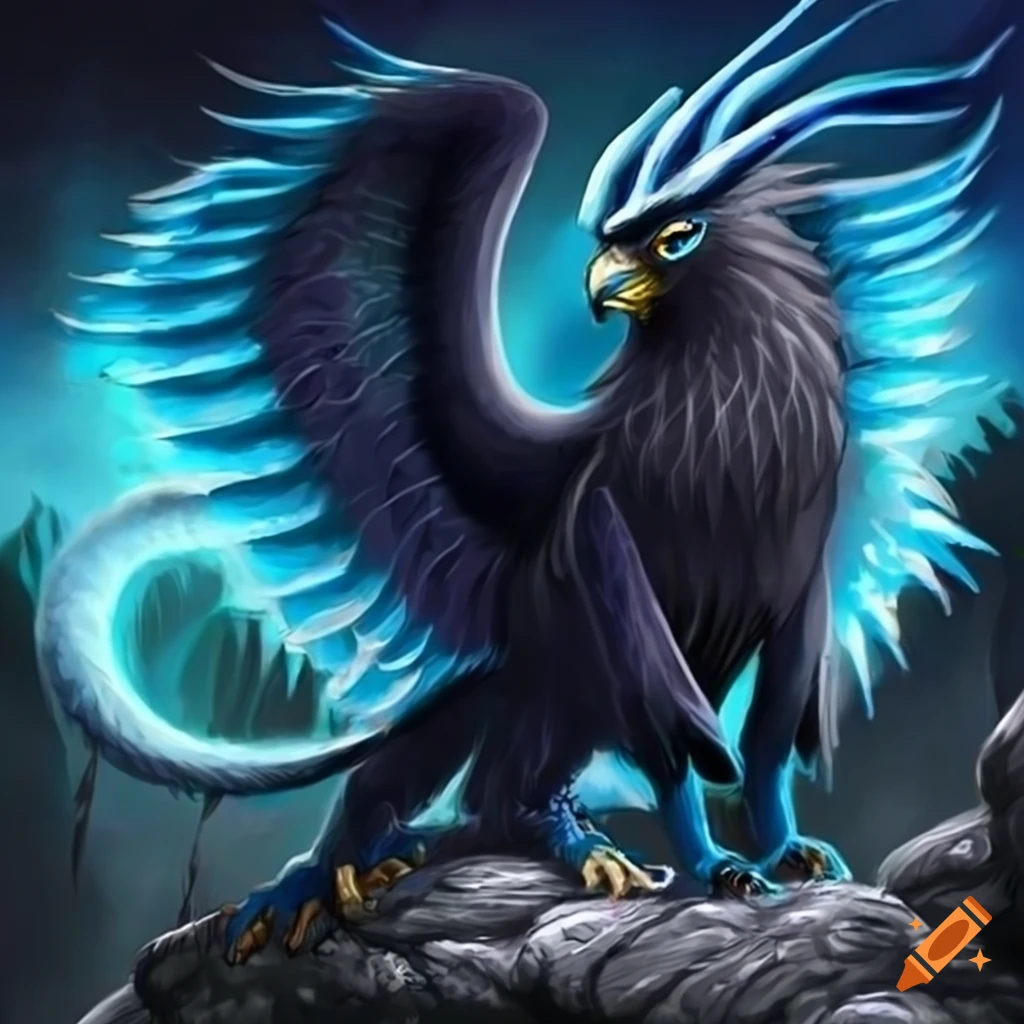 Black griffin with vibrant blue wingtips and fiery eyes on Craiyon