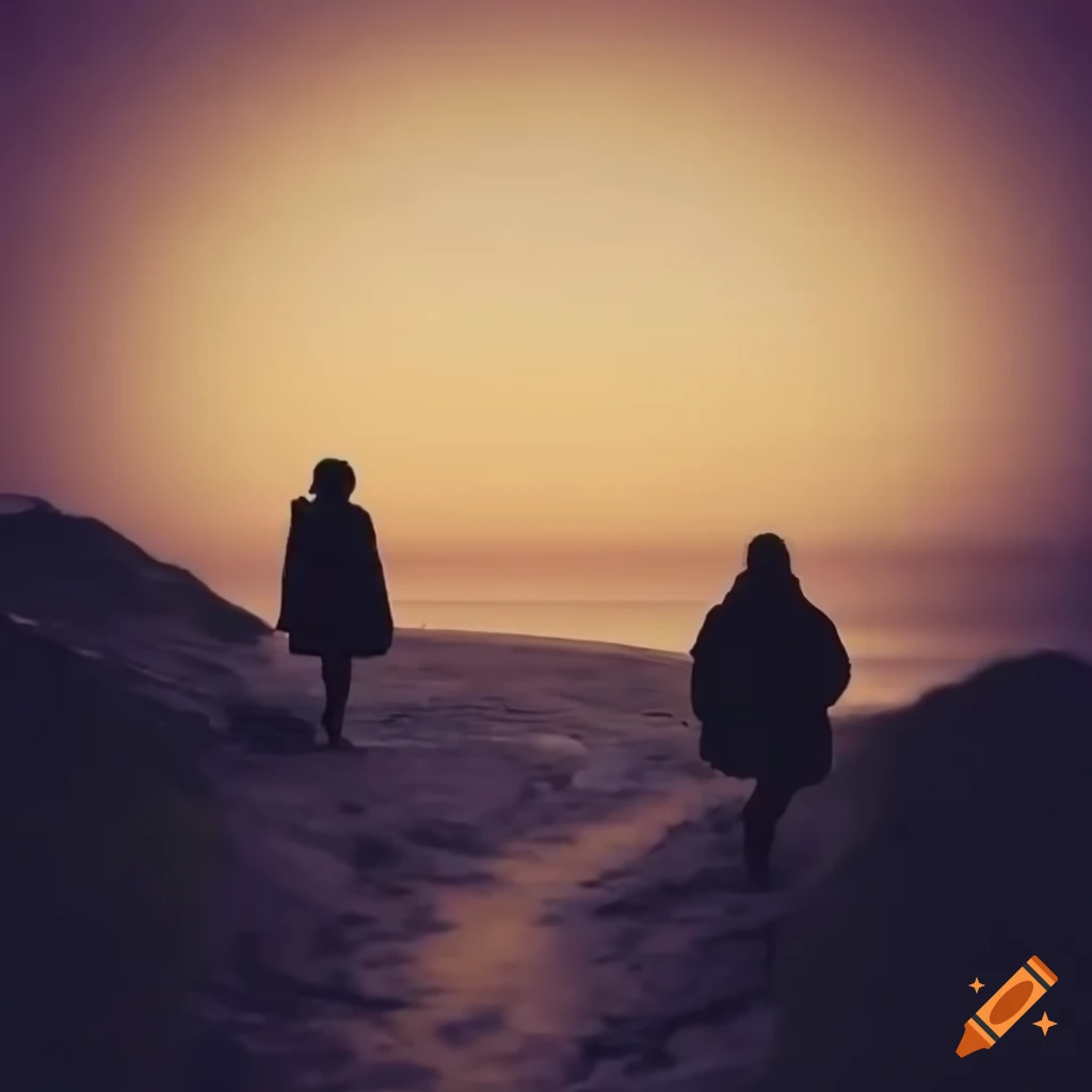 Two shadowy figures walking on seaside cliffs at sunrise with warm hues on Craiyon