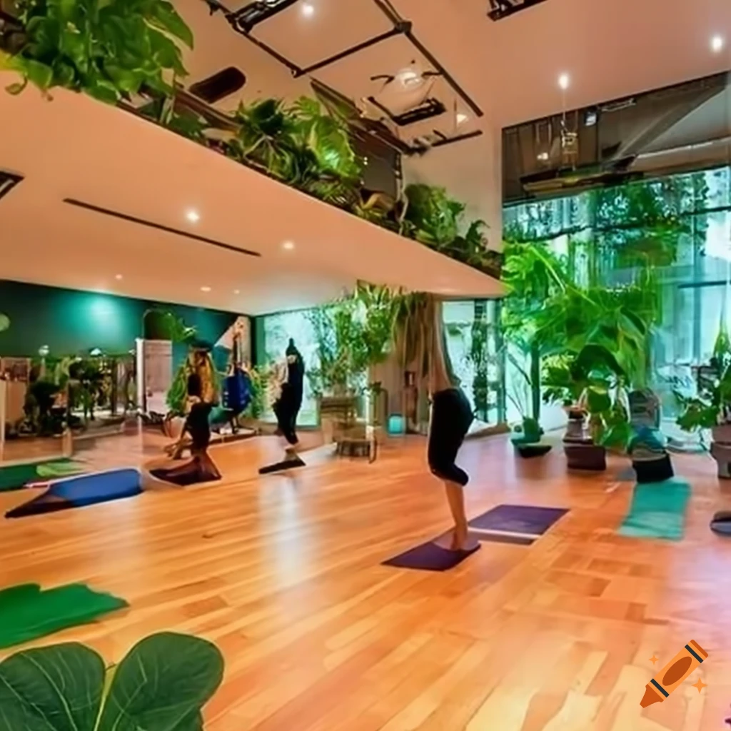 Nutriworld wellness center with indoor plants and yoga mats on Craiyon
