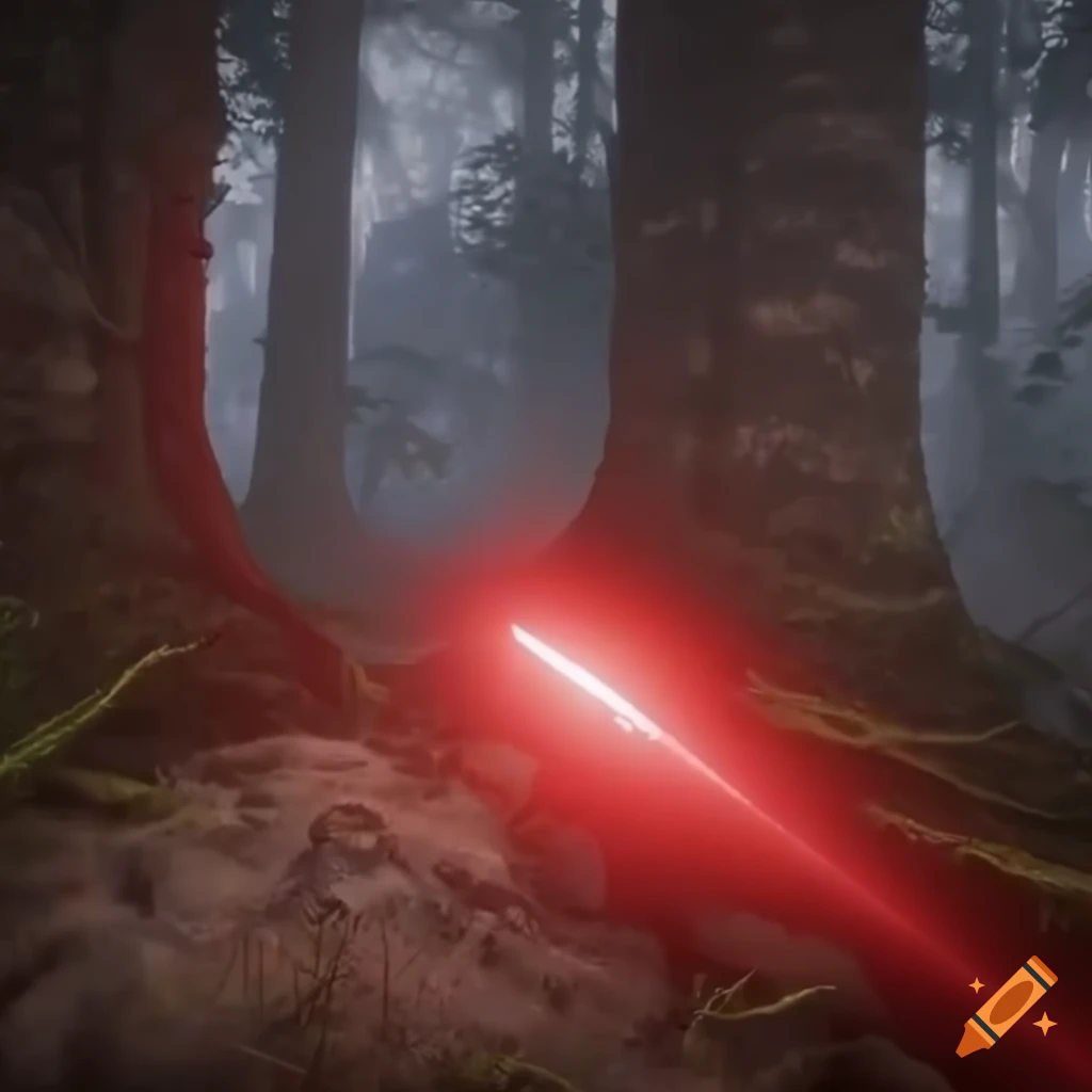 Red and white laser spark beam in a forest with fog on Craiyon