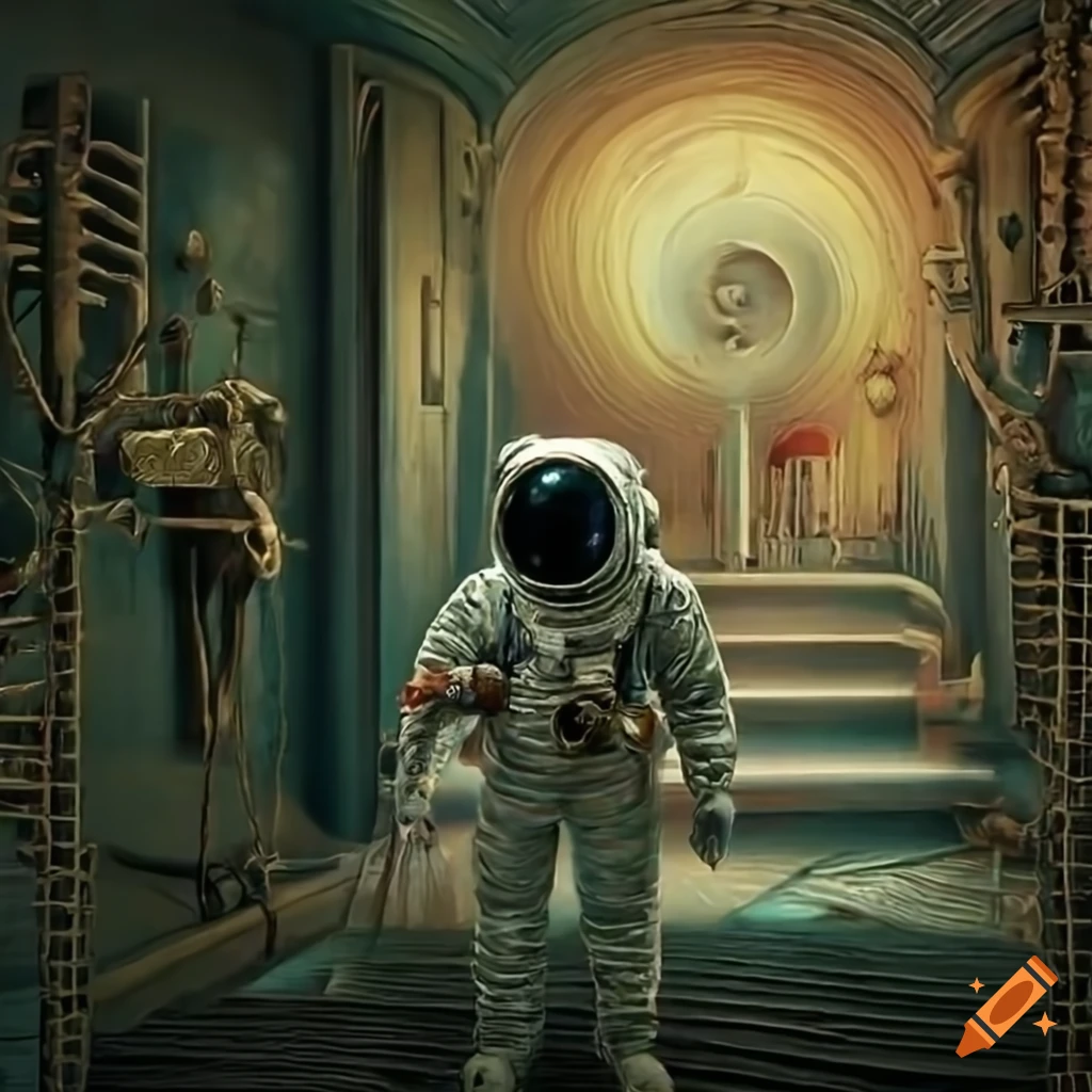 Modern hospital interior with distant astronaut among medical machines ...