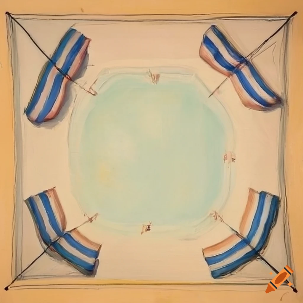 Aerial view of beach with 5 striped umbrellas in tonal realism style on ...