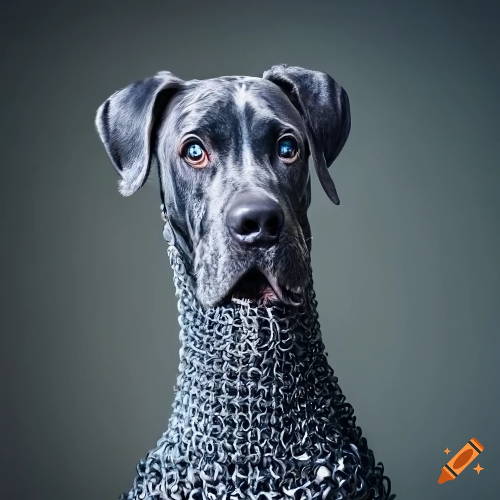 Blue great dane in chain mail armour on Craiyon