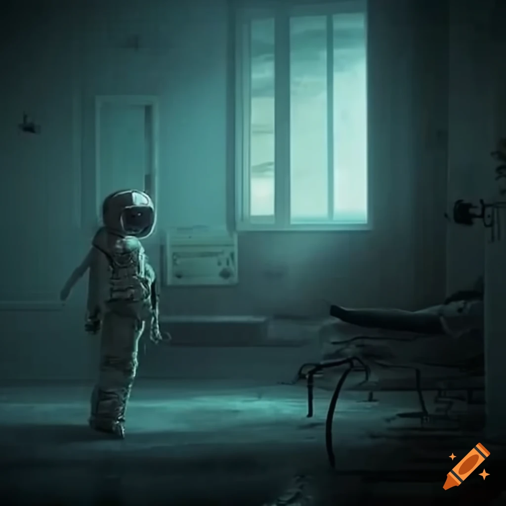 Post-apocalyptic astronaut exploring empty hospital on Craiyon