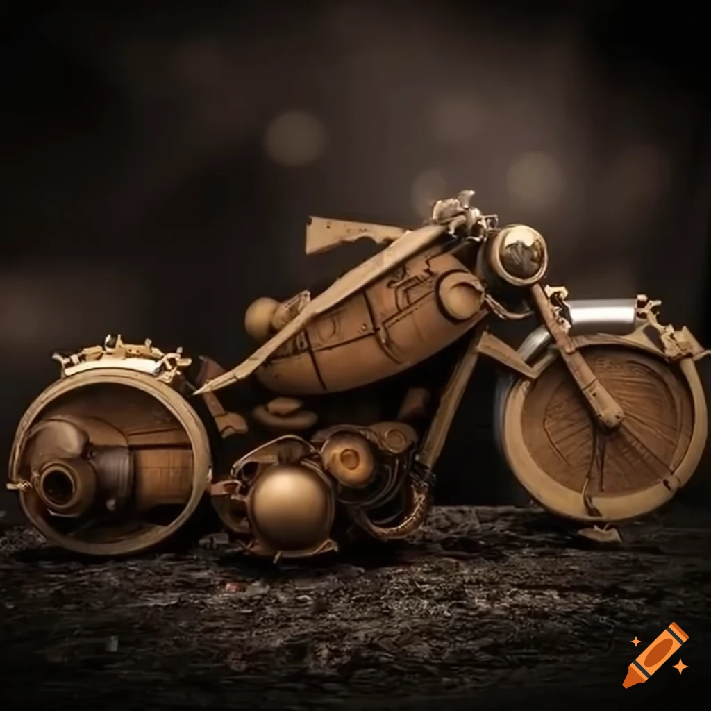 Mecha solarpunk steampunk motorcycle in a dramatic black field with ...