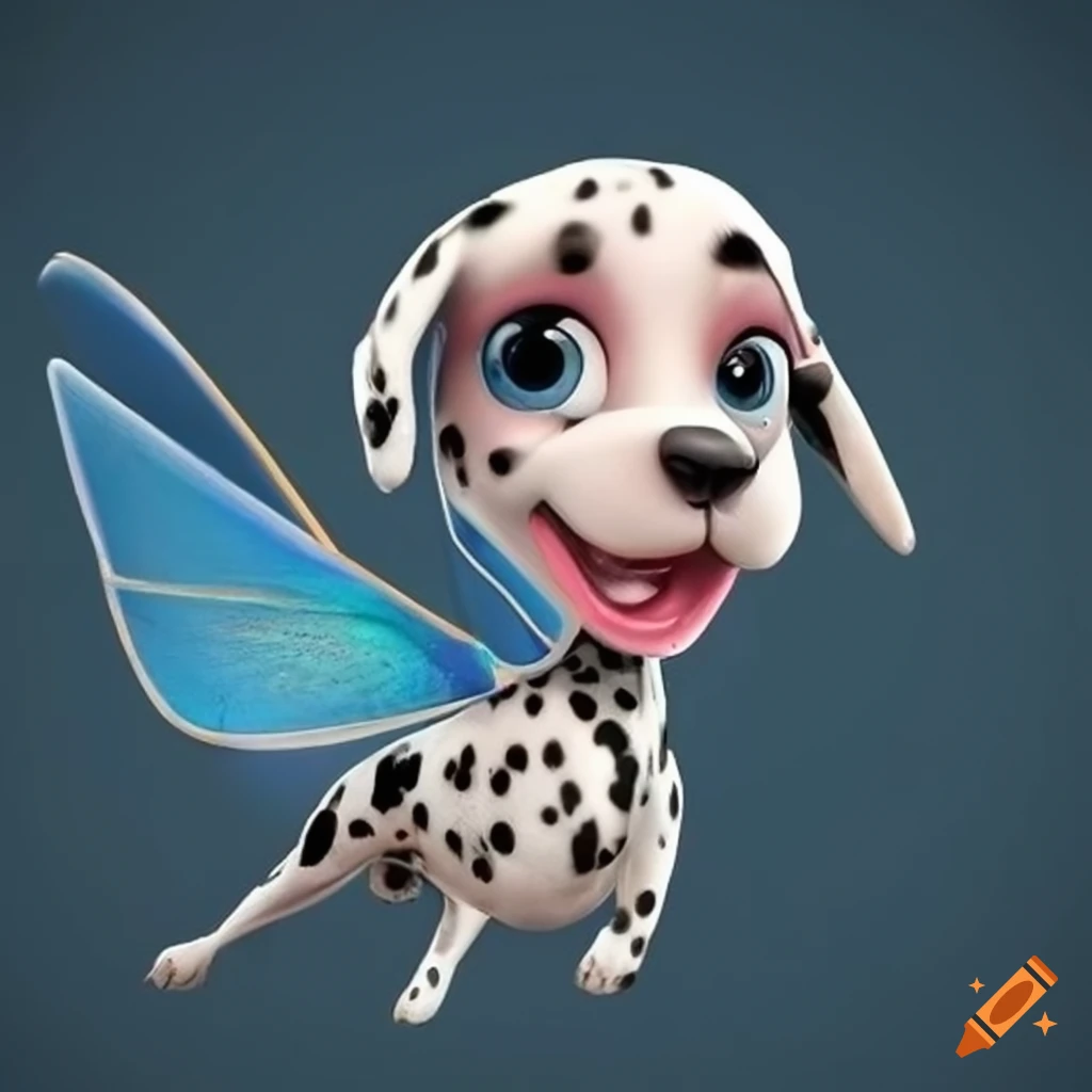 Pixar 3D cute flying chibi fairy dog Dalmatian on Craiyon