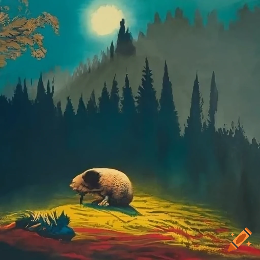 Native salish designs in combined art styles, long shot panorama in ...