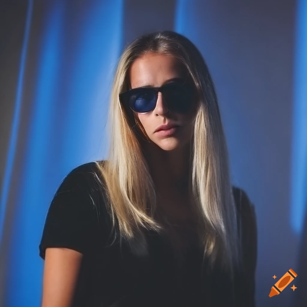 Close Up Portrait Of A Blonde Swedish Woman With Black Sunglasses On