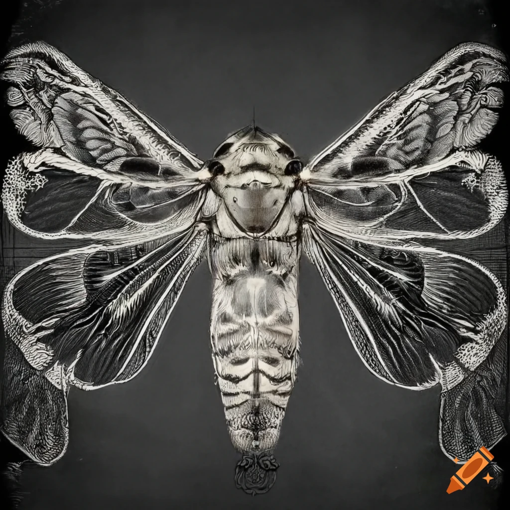 Technical blueprint of a cicada with detailed wings and patterns on Craiyon