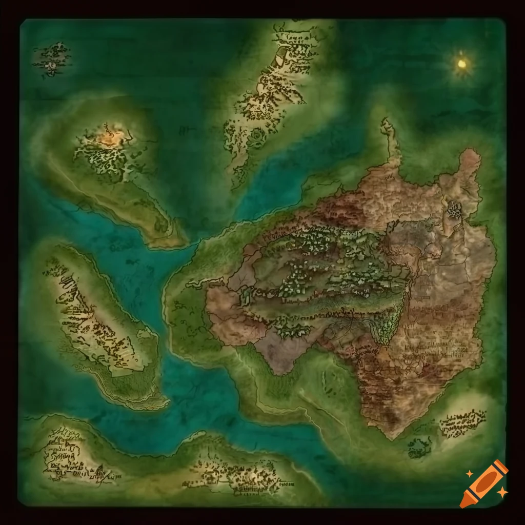 Mystical map of uncharted fantasy continent with enchanted forests and towering peaks on Craiyon