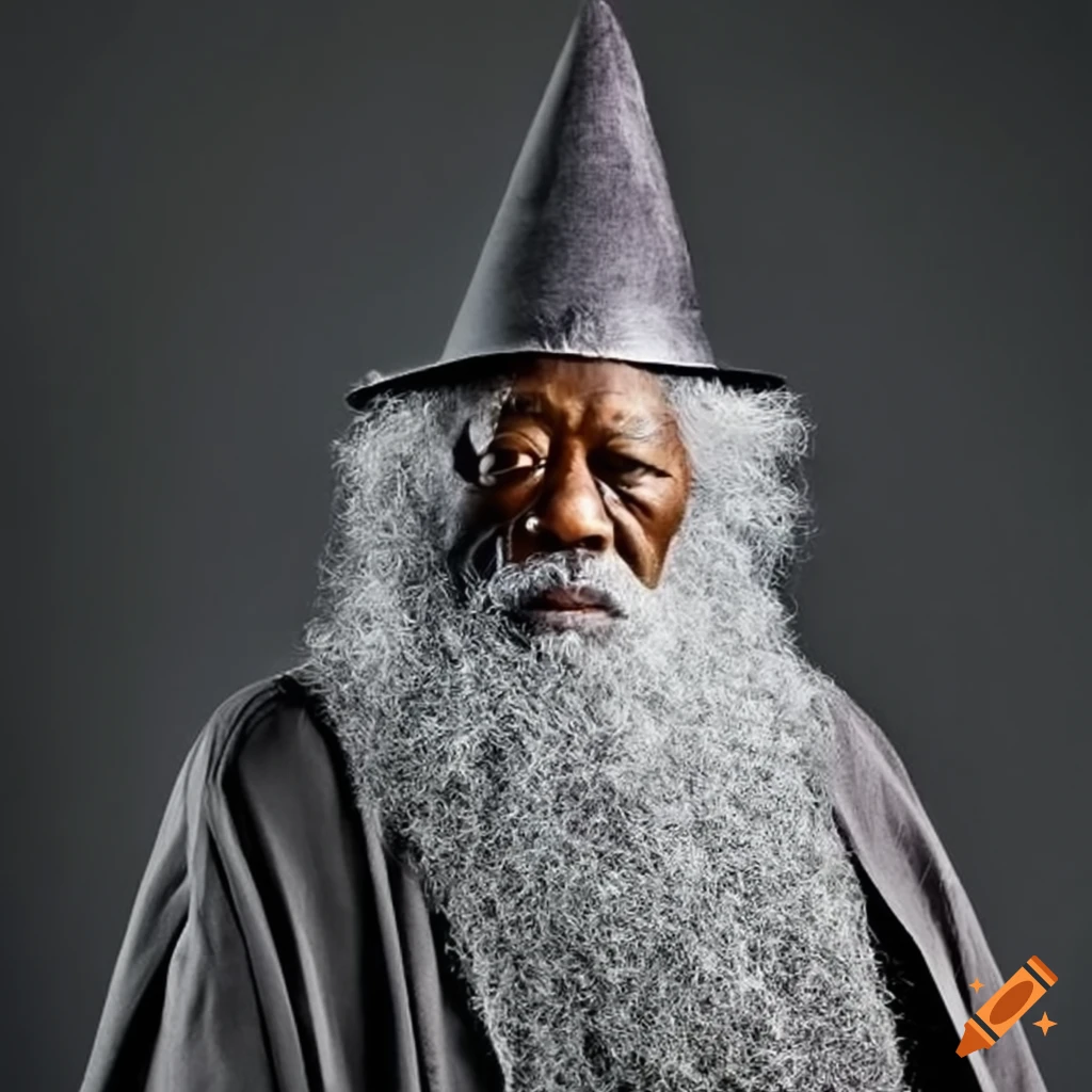 Morgan freeman portraying a wizard with magical attire and staff on Craiyon