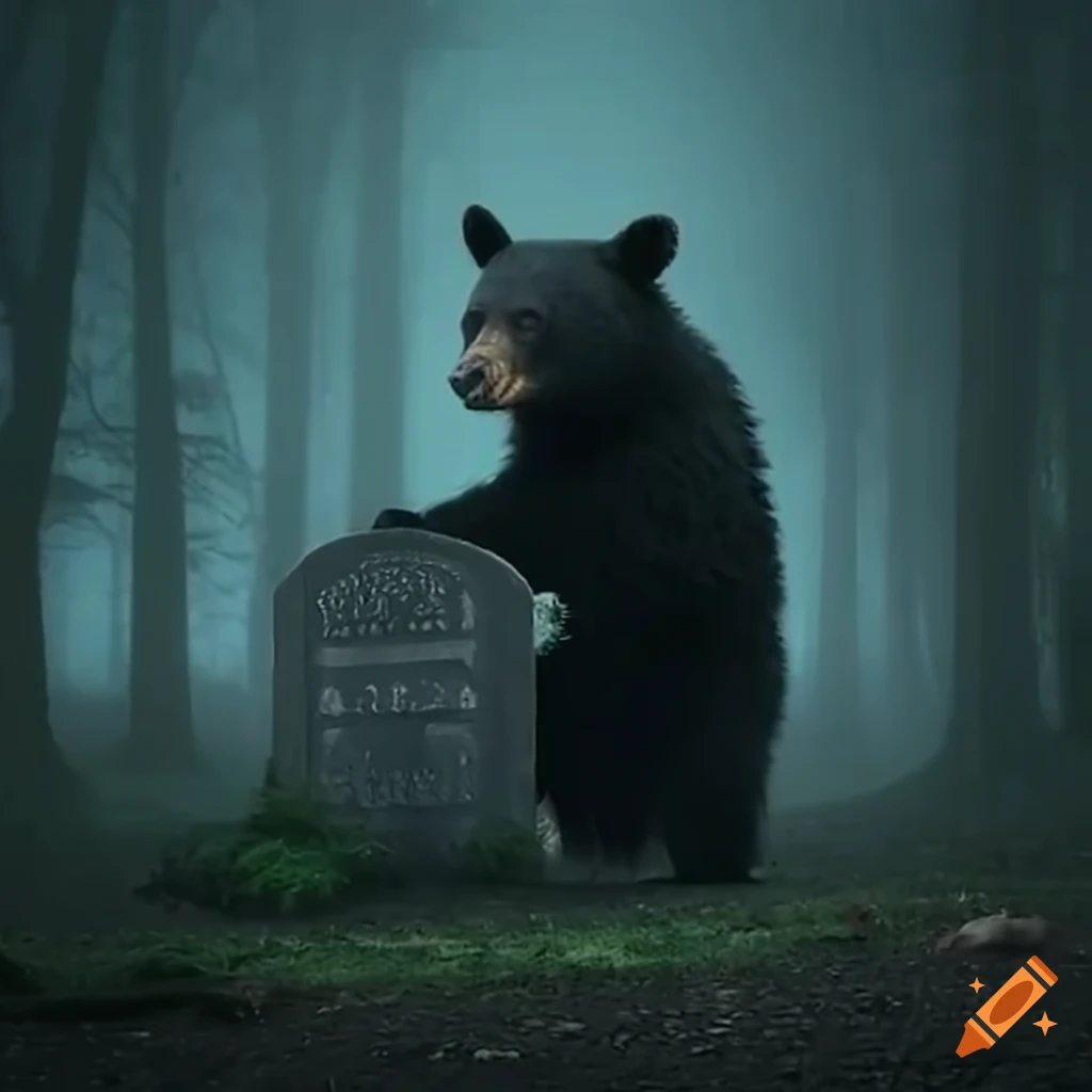 Black bear climbing a gravestone in a foggy cemetery on Craiyon