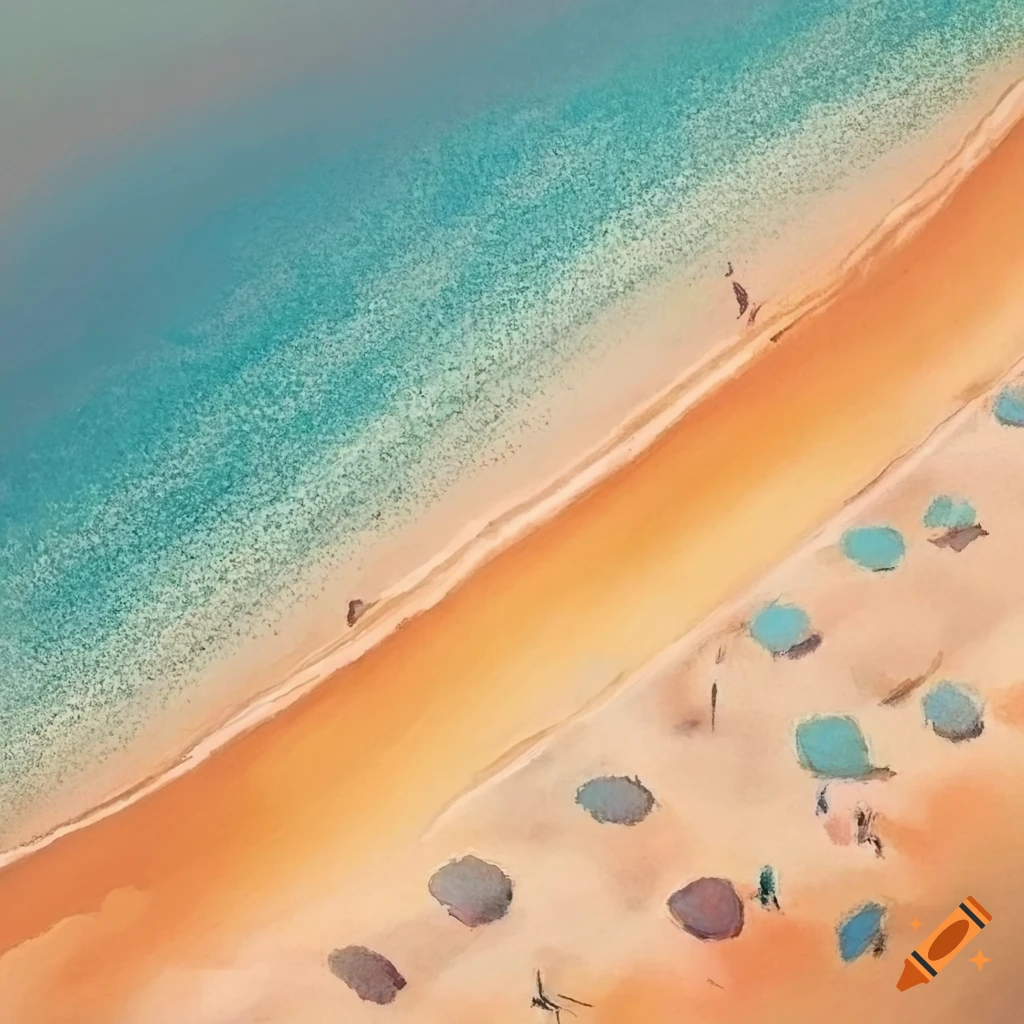 Aerial view of a beach with umbrellas in tonal realism style on Craiyon