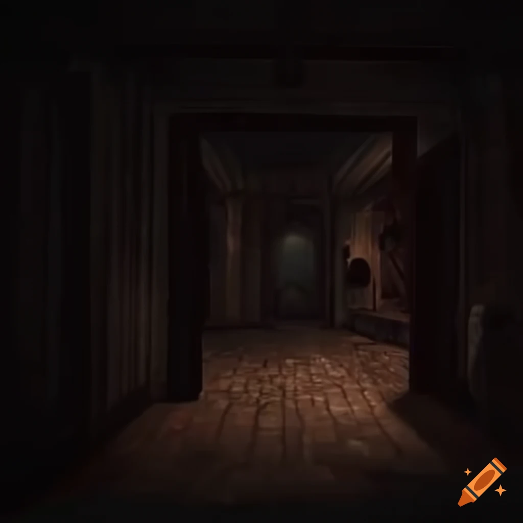 Atmosphere of suspense and fear in a ps1-style horror game scene on Craiyon