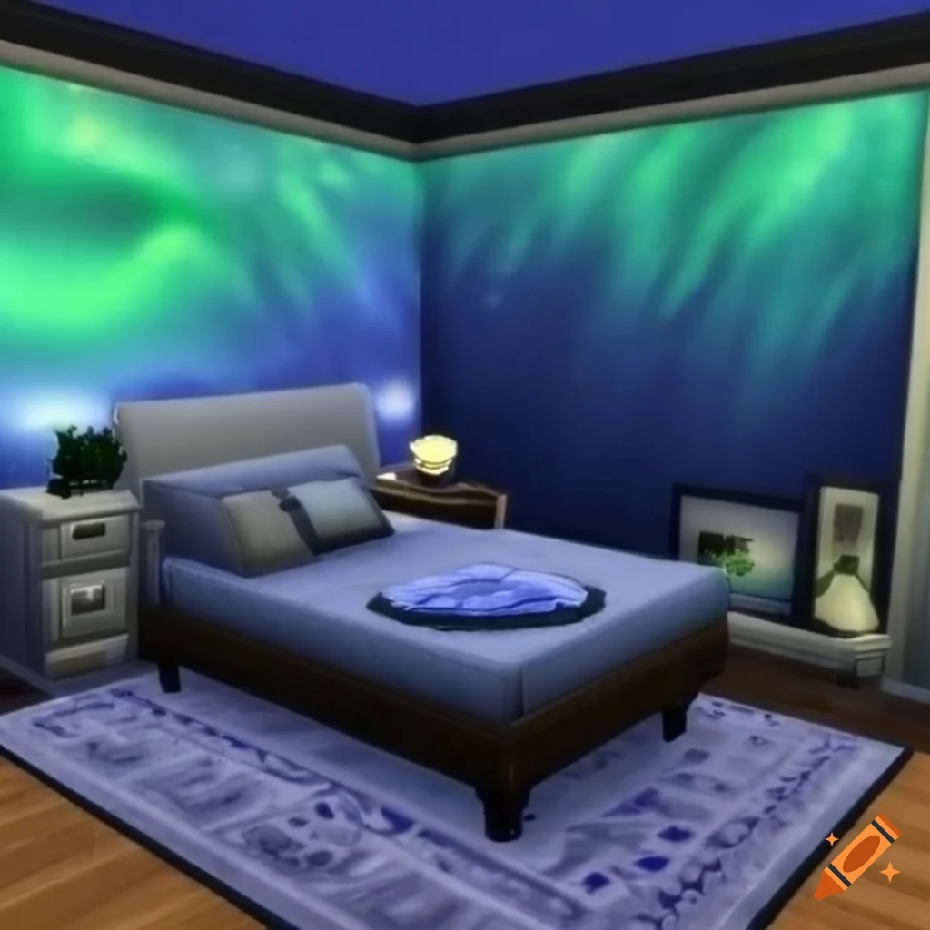 Galactic bedroom with northern lights theme in sims 4 style on Craiyon