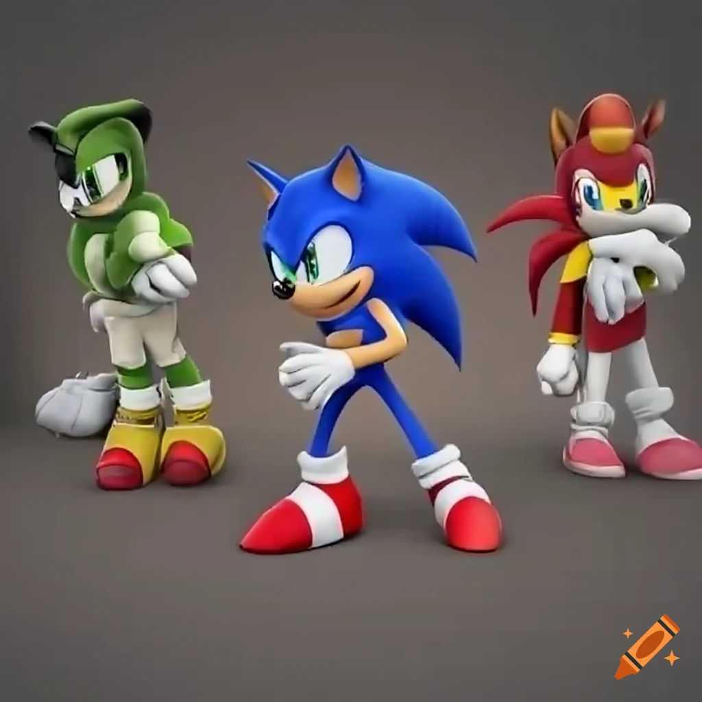 Three sonic the hedgehog characters standing together on Craiyon