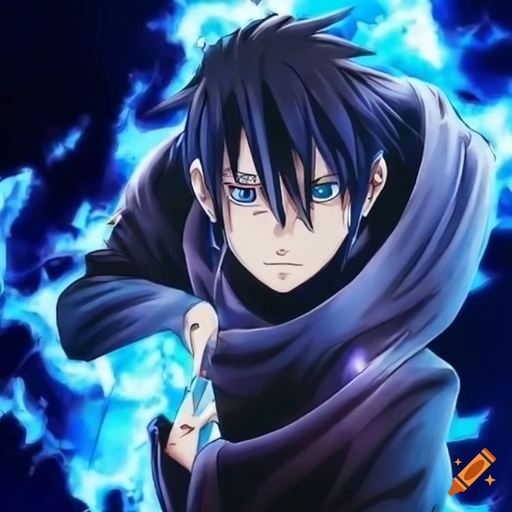 Itachi Anbu and Satoru Gojo fusion as a blue and white templar armor knight with sword on Craiyon