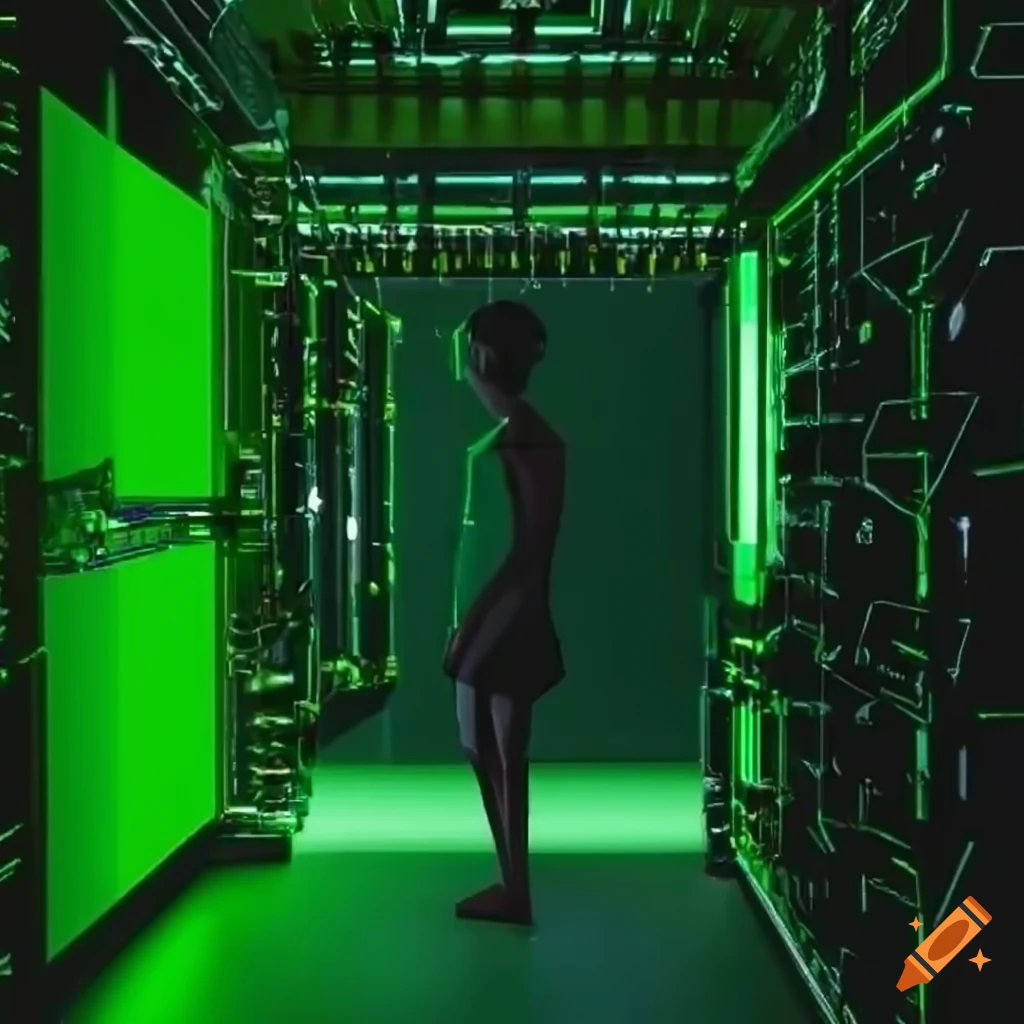 Low poly green wireframe face trapped in the mainframe on Craiyon