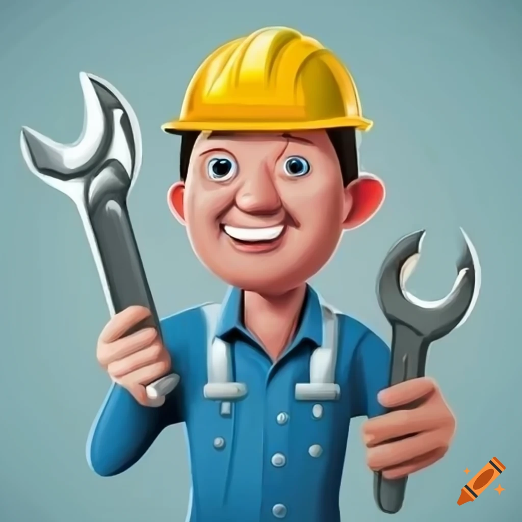 Cartoon engineer with a spanner and piece of metal on Craiyon