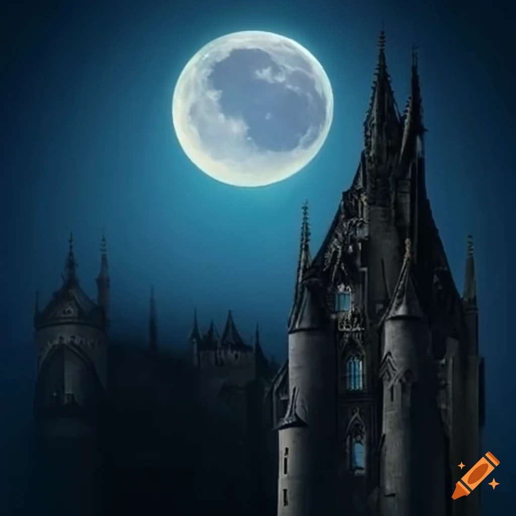 Climbing a gothic castle tower window in moonlight on Craiyon