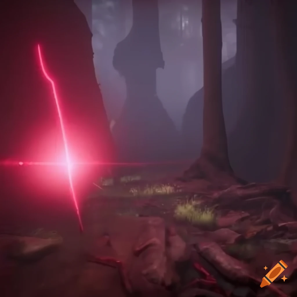 Red-pink laser spark beam in a forest with fog on Craiyon