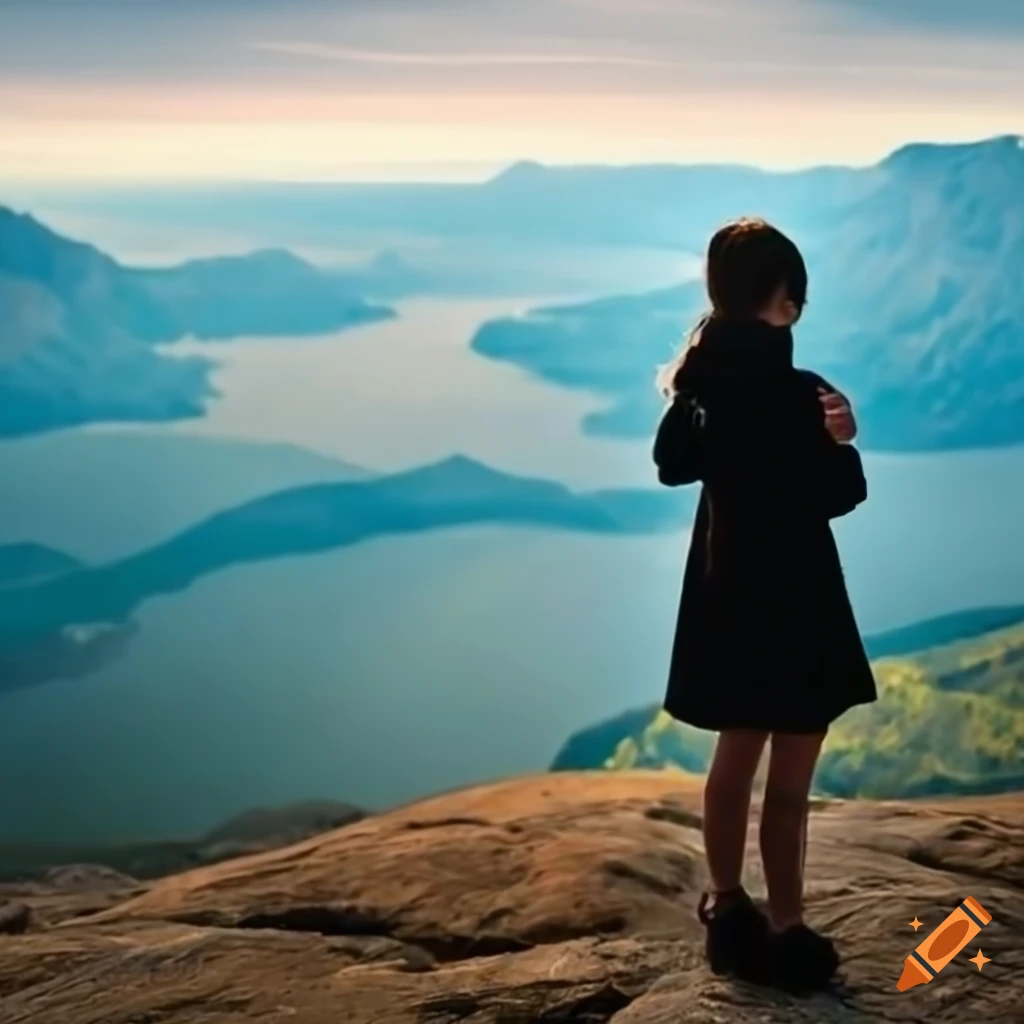 Girl looking through monocular on mountain with valley view on Craiyon