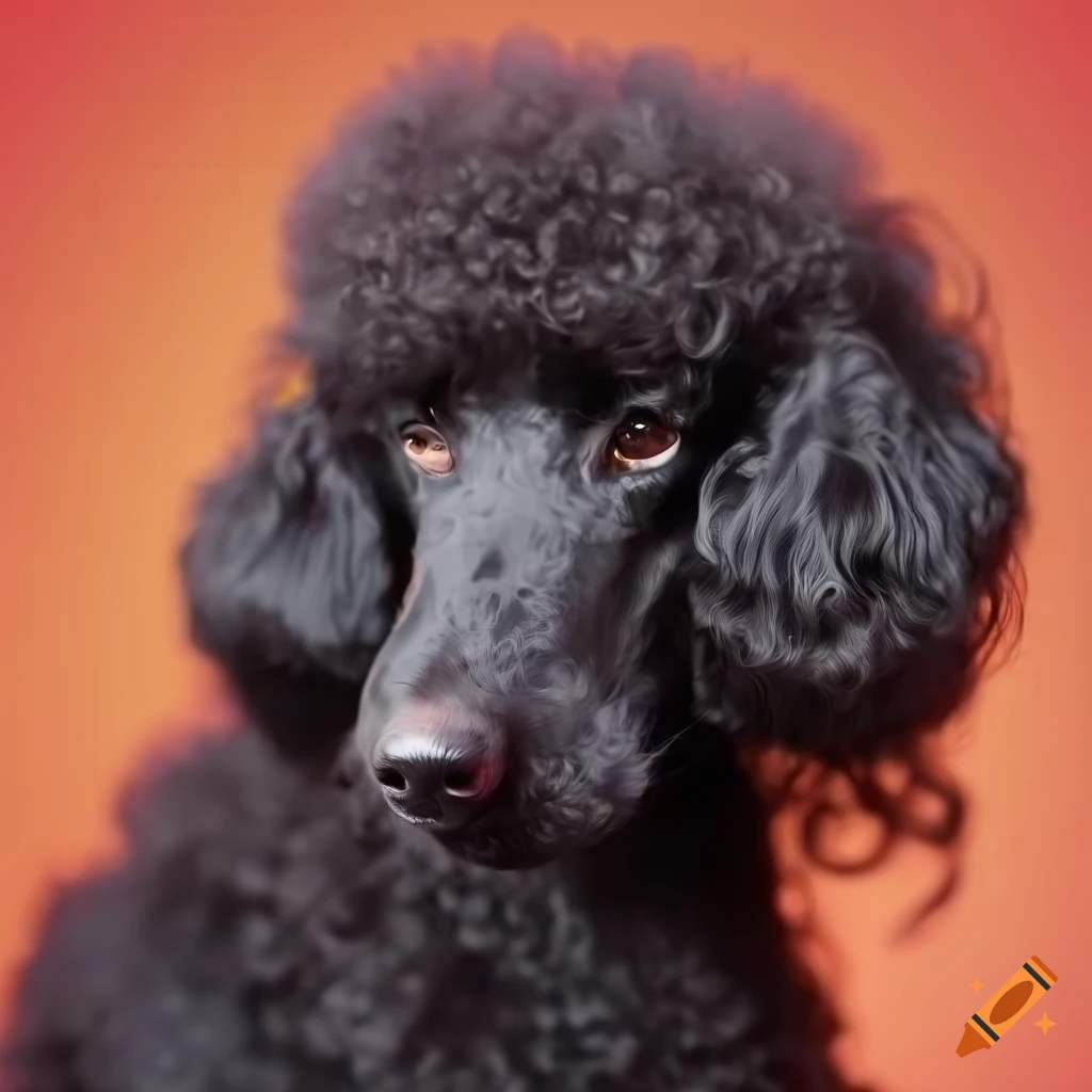 Side profile of Black poodle with big round hair on orange-red gradient ...