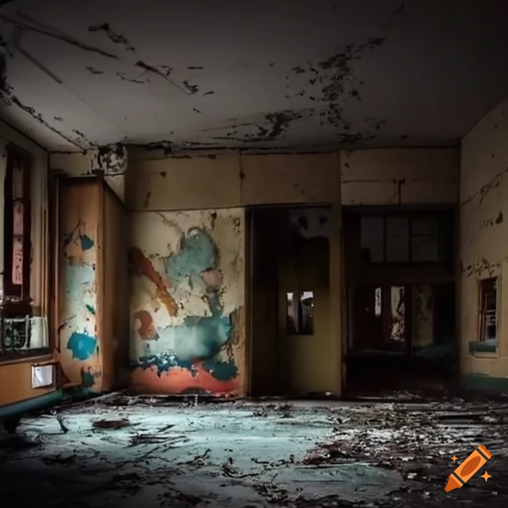 Interior of a dark abandoned school art classroom on Craiyon