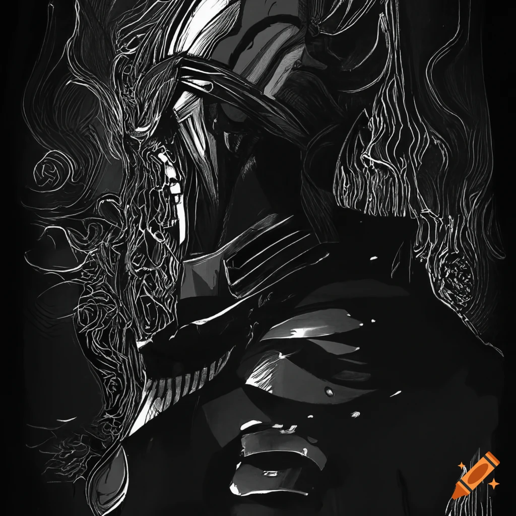 Black knight with an imposing aura in a side view drawing on Craiyon