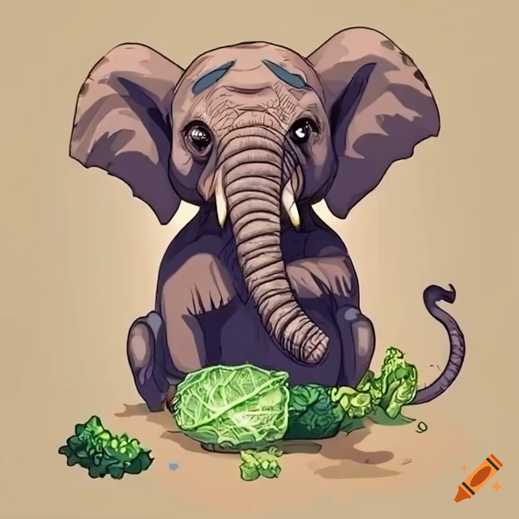 African elephant eating cabbage in anime style on Craiyon