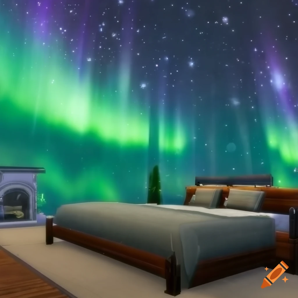 Galactic bedroom with northern lights theme in sims 4 style on Craiyon