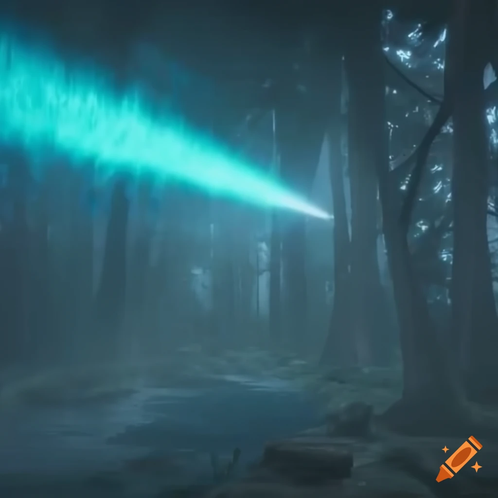 Blue-cyan laser spark beam in a forest with fog on Craiyon