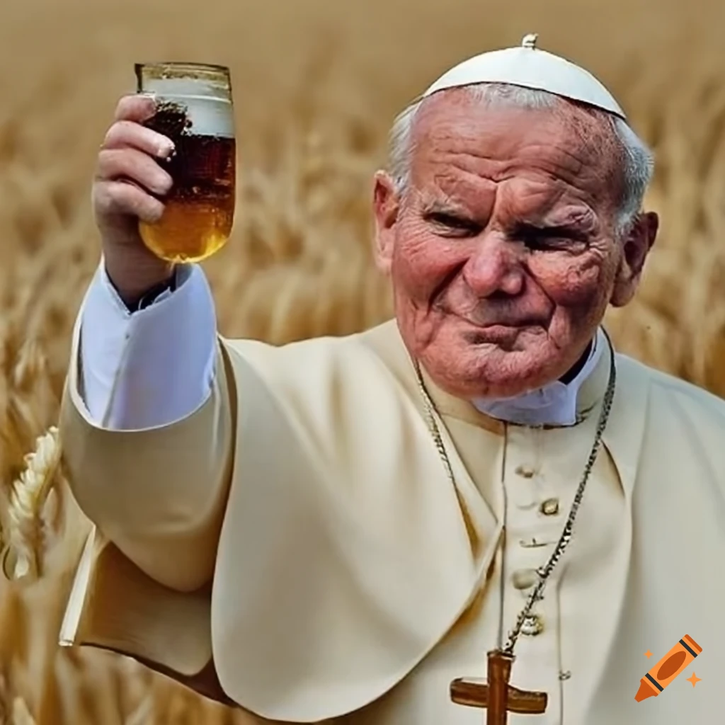 Pope Saint John Paul II with a beer in a wheat field on Craiyon