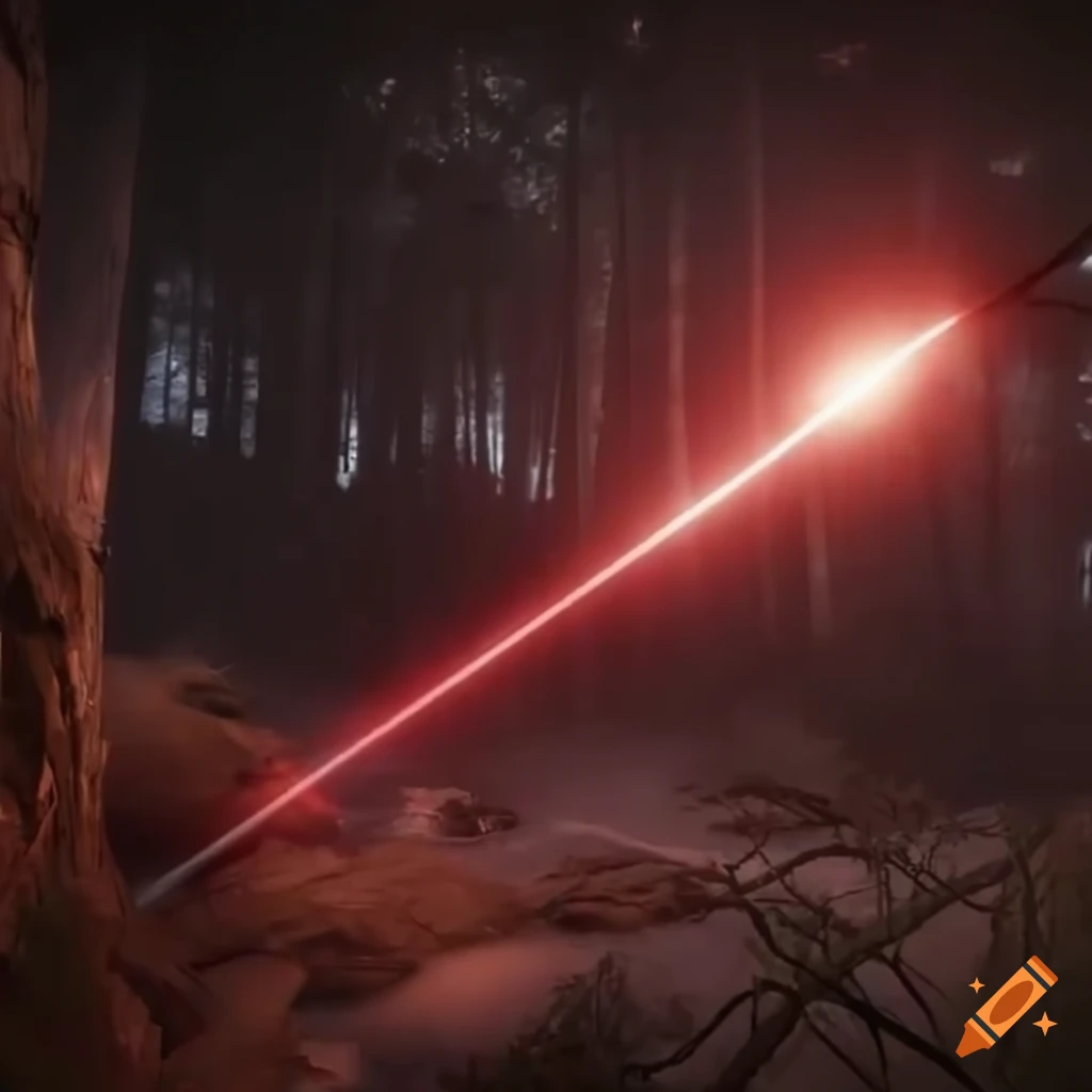 Red and white laser spark beam in a forest with fog on Craiyon