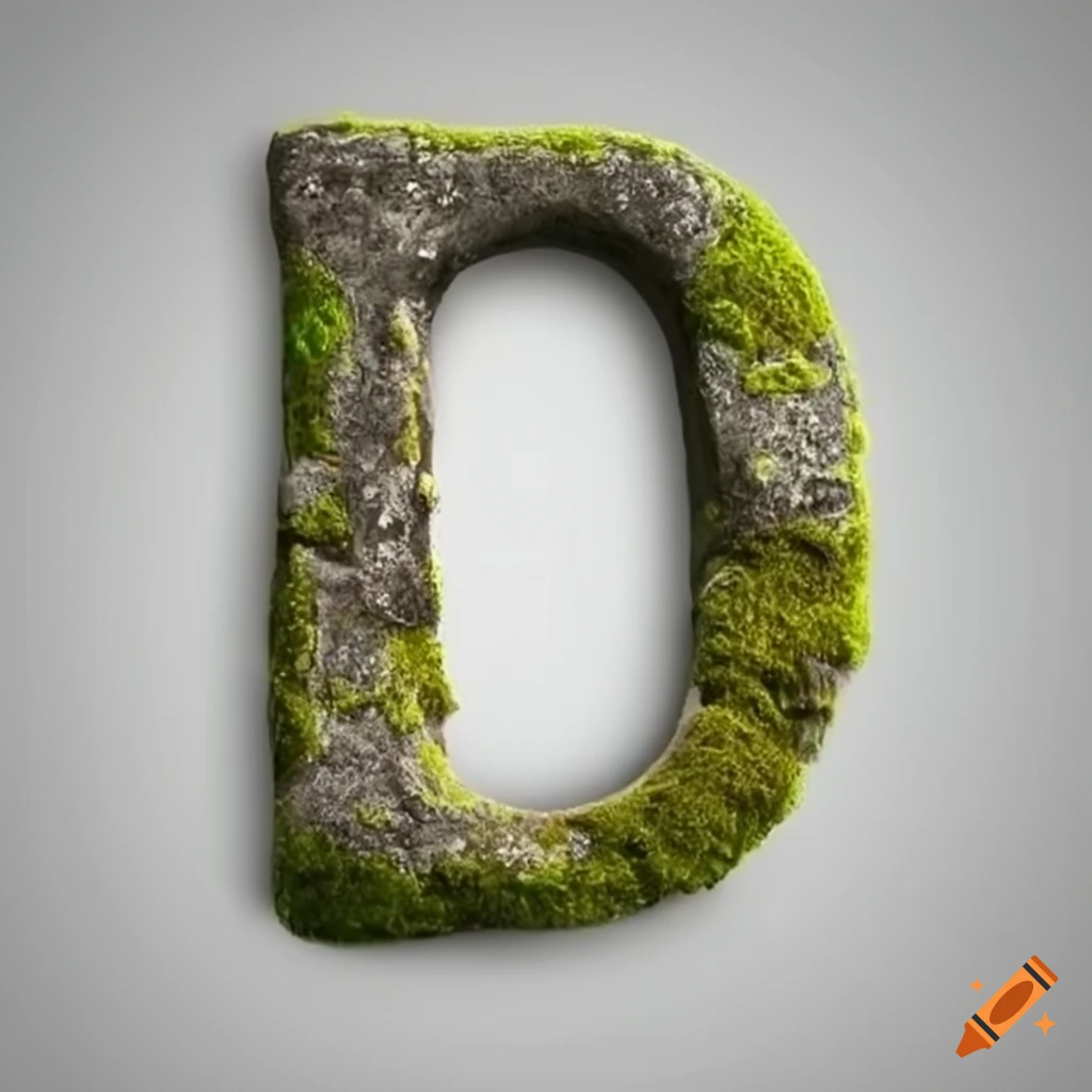 Moss-covered ancient stone letter on a white background on Craiyon