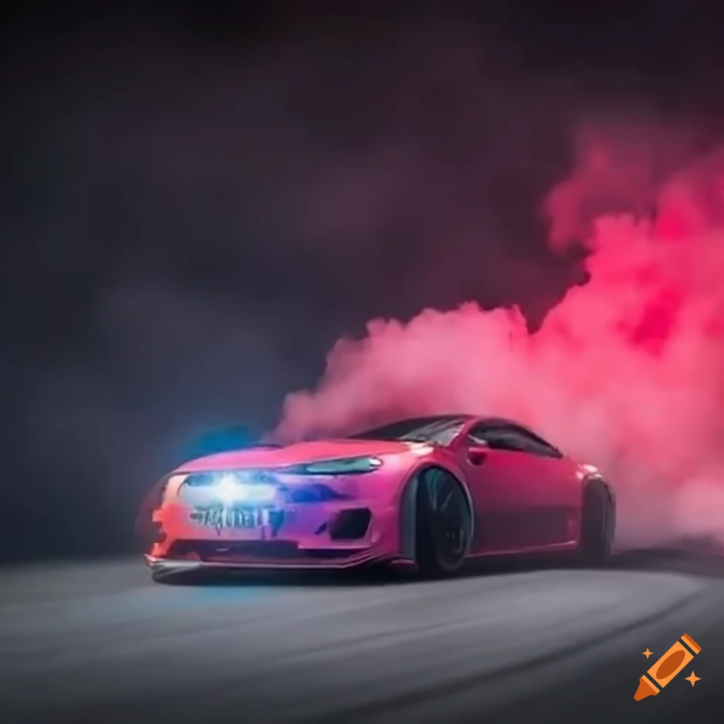 Sporty car drifting with smoke trail on Craiyon