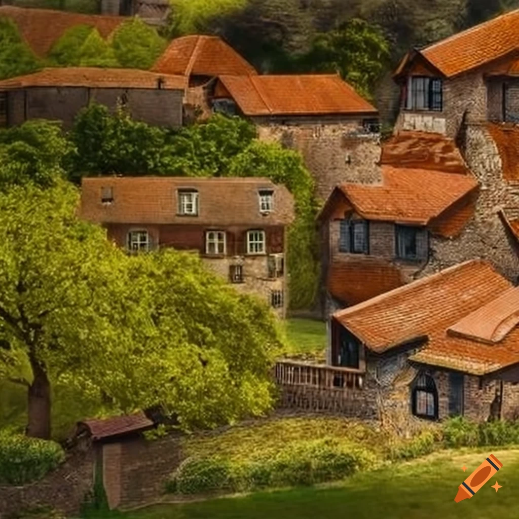 Quaint village nestled in rolling hills with traditional architecture ...
