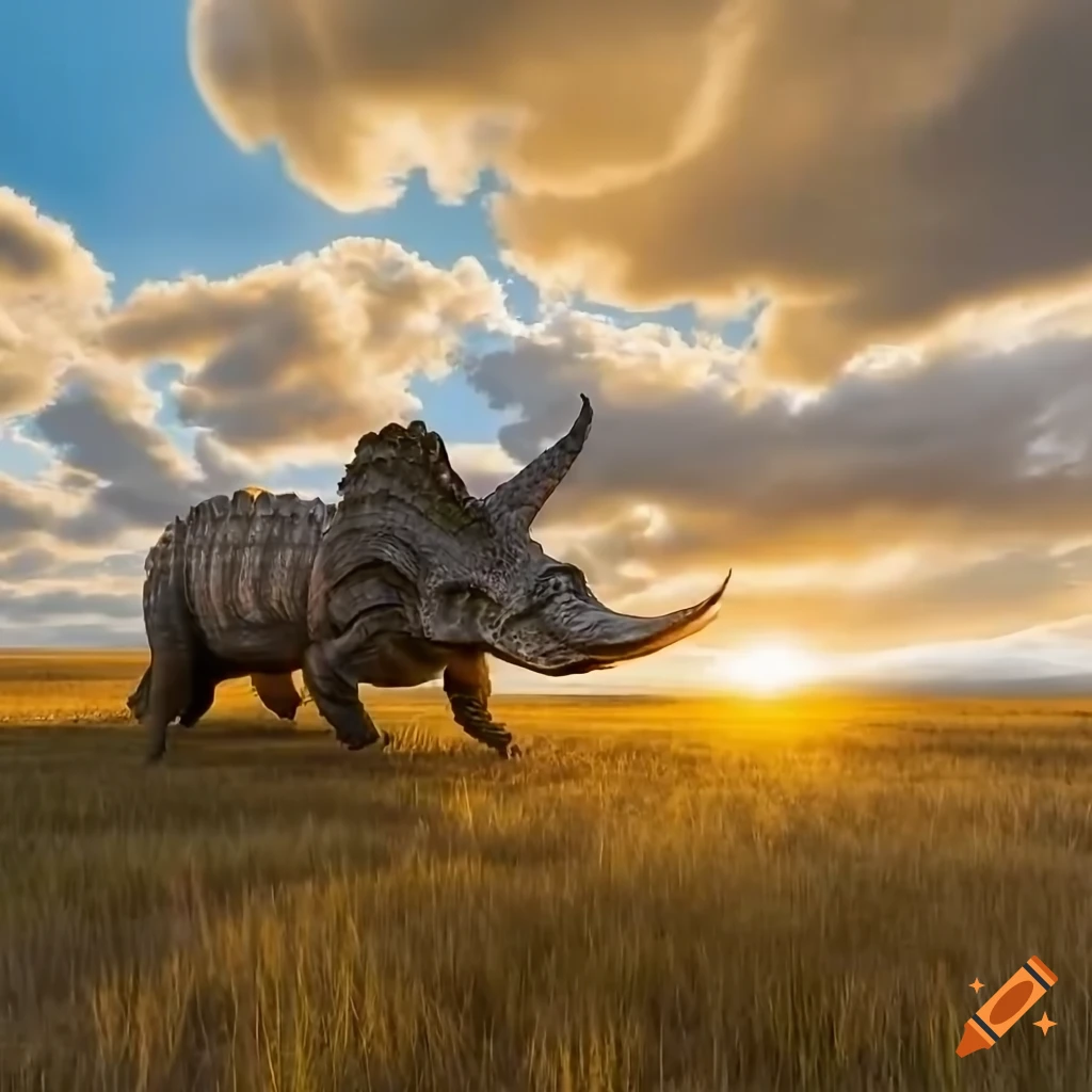 Tyrannosaurus running among triceratops in a prairie during golden hour ...